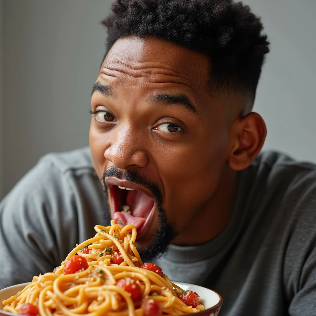 Photo of Will Smith eating spaghetti. - FluxPro.art