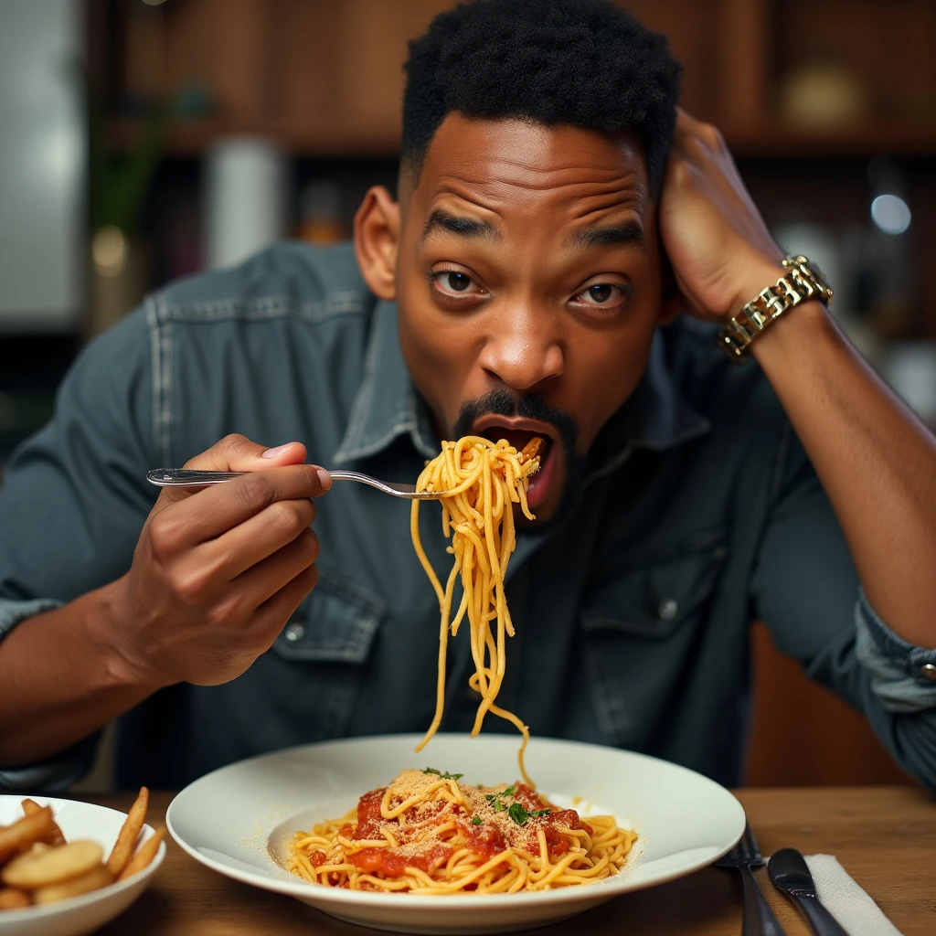 Photo of Will Smith eating spaghetti. - FluxPro.art