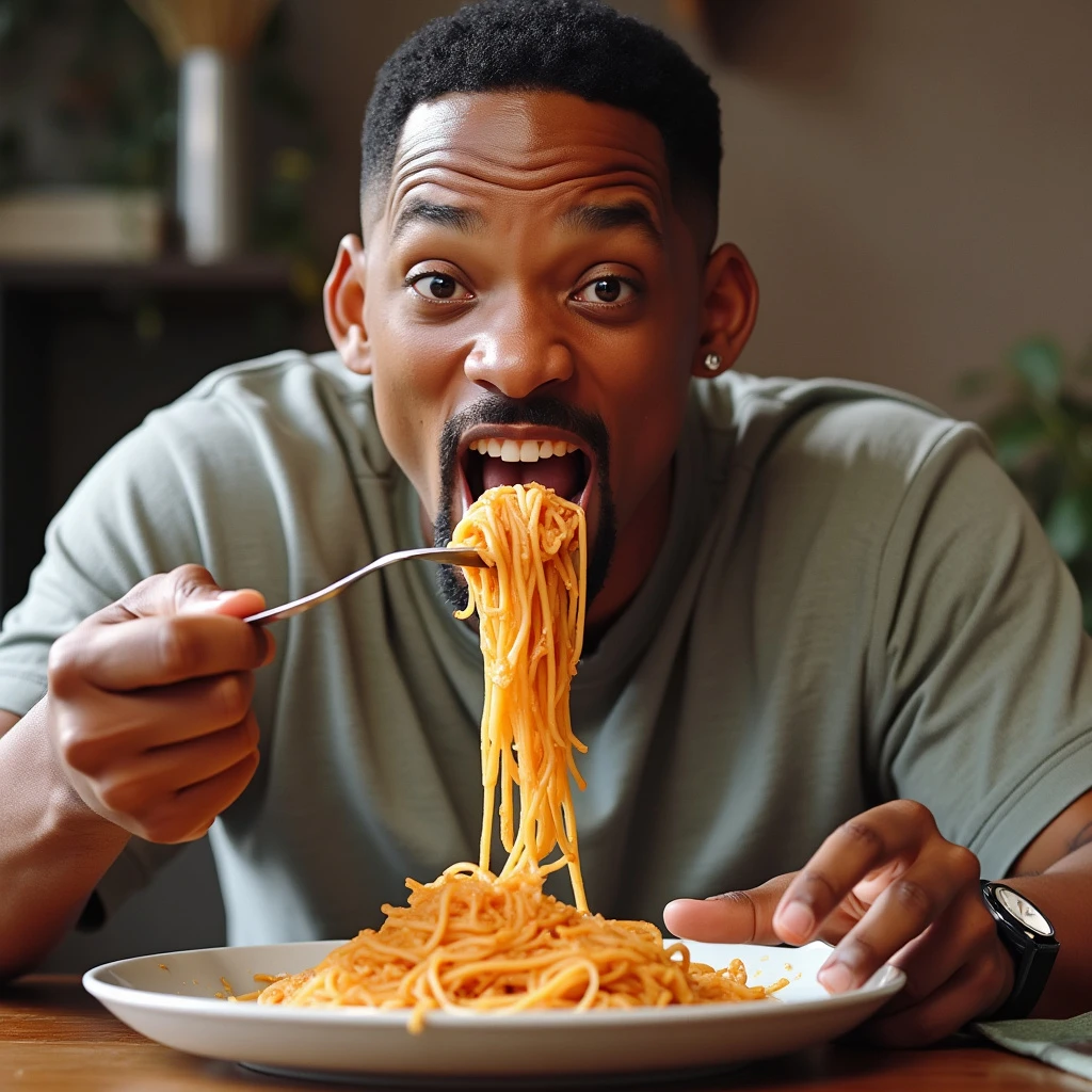 Photo of Will Smith eating spaghetti. - FluxPro.art